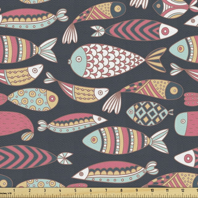 Nautical Fabric by the Yard, Abstract Design Ornamental Fish Pattern ...