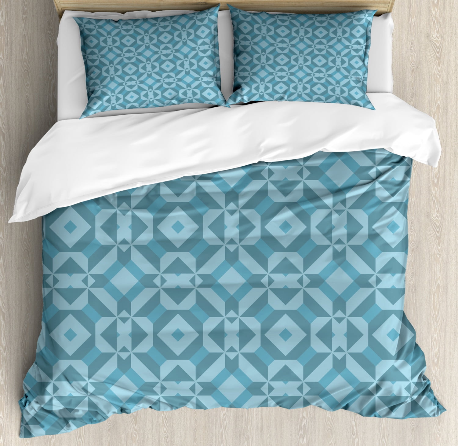Blue Duvet Cover Set Queen Size, Geometric Illustrated Lattice Pattern ...