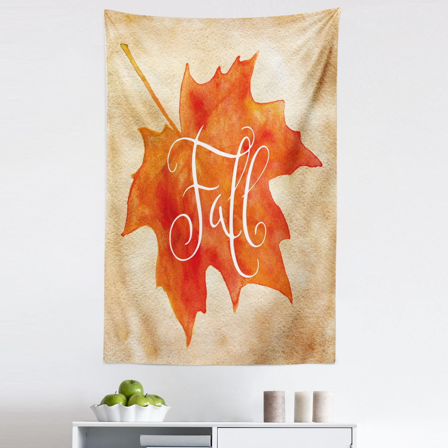 Fall Tapestry, Vivid Watercolor Style Maple Leaf Fall Word on Vintage ...