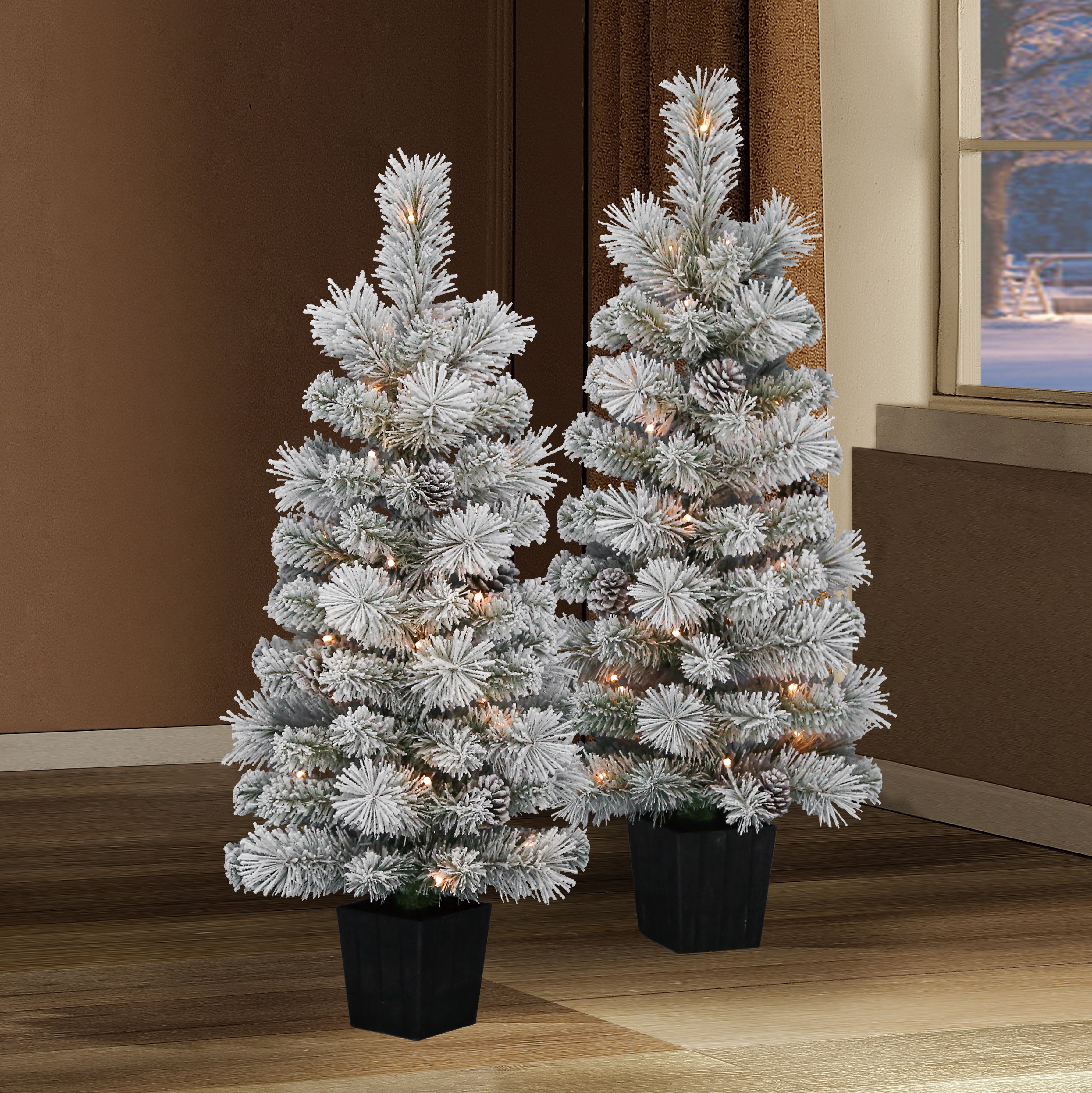 Holiday Time 3FT Set of 2 Flocked Potted Christmas Trees with Pinecone ...