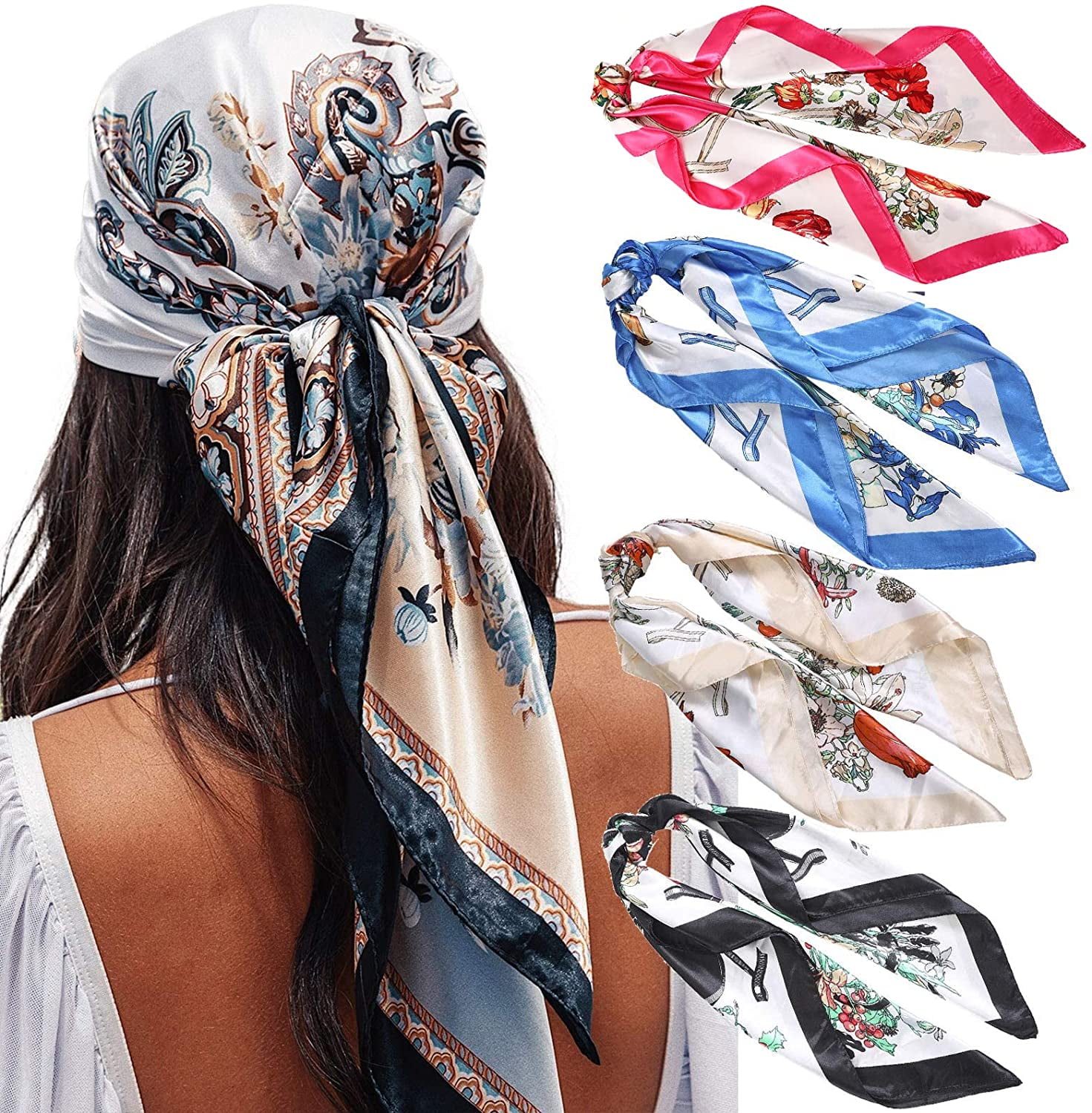 AWAYTR 4 Pcs 35” Satin Large Silk Scarf Square Head Scarves Women Silk ...