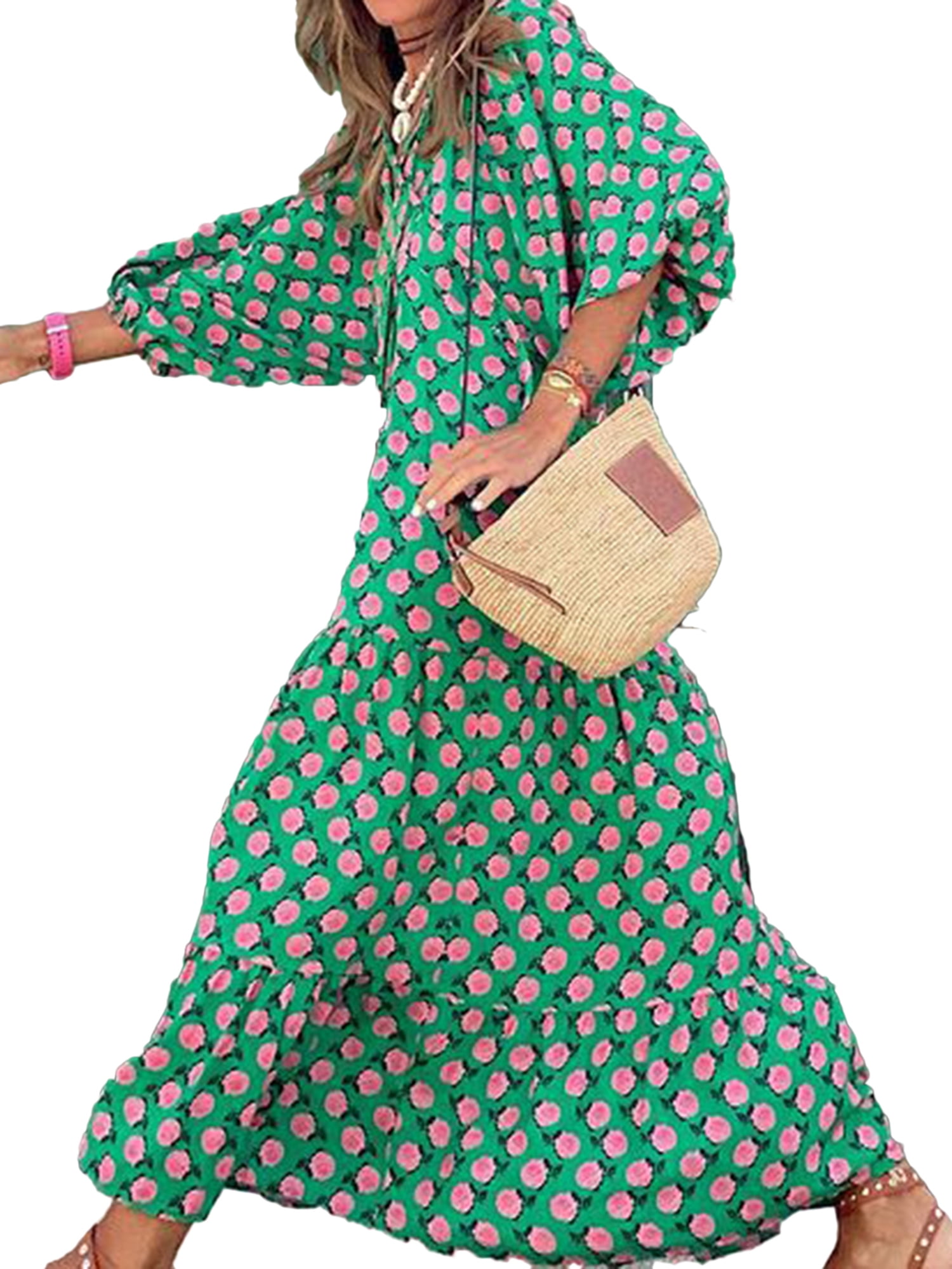Thaisu Women Boho Floral Puff Sleeve Tiered Maxi Dress Casual Layered