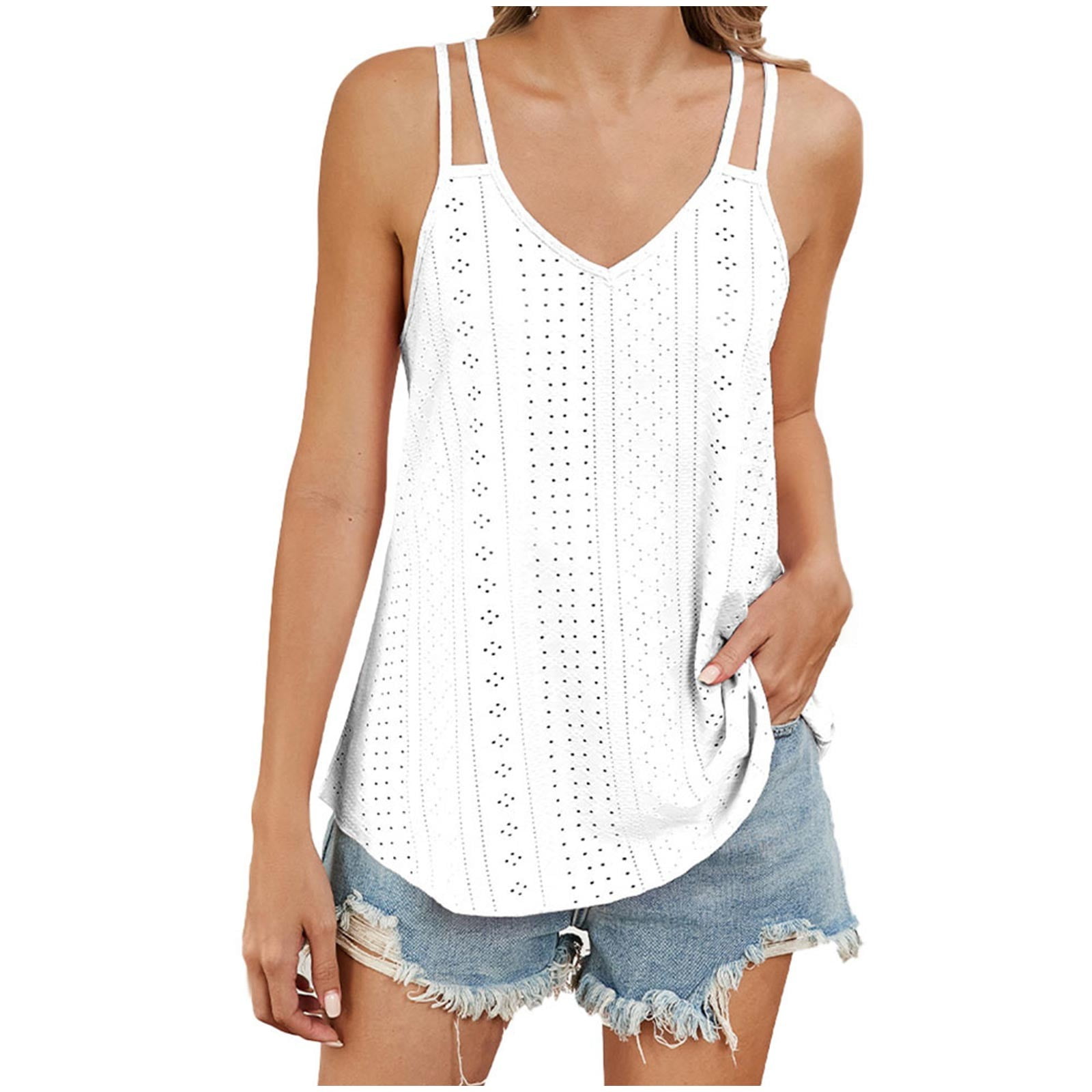 Click here for Aherbiu Boho Tank Tops For Women Eyelet V Neck Sle... prices