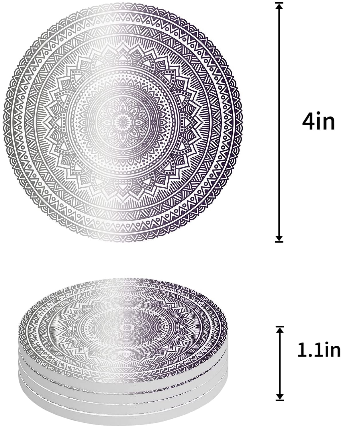 ZHANZZK Purple and Grey Mandala Gradient Art Set of 6 Round Coaster for ...