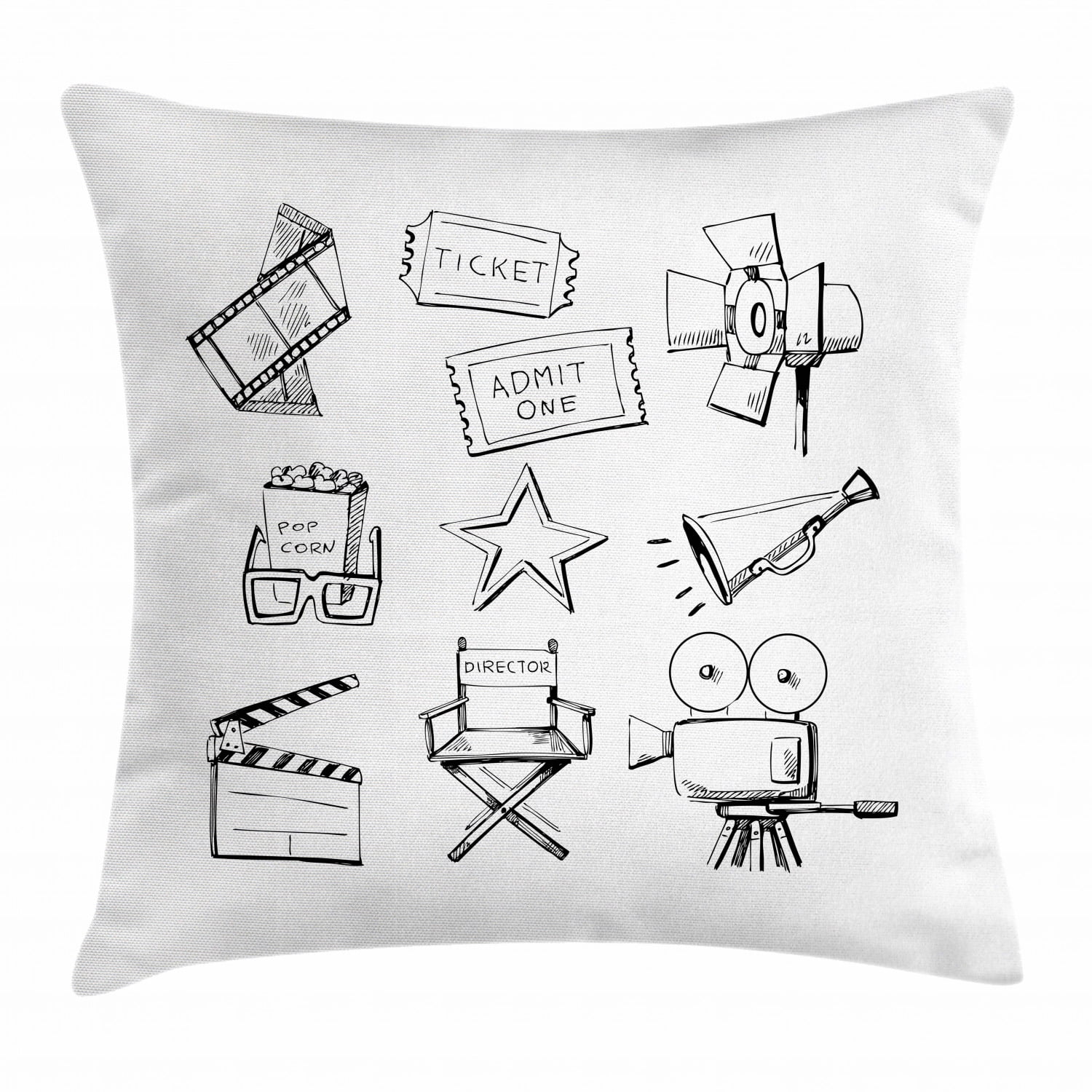 Movie Theater Throw Pillow Cushion Cover, Sketchy Movie Icon Set in ...