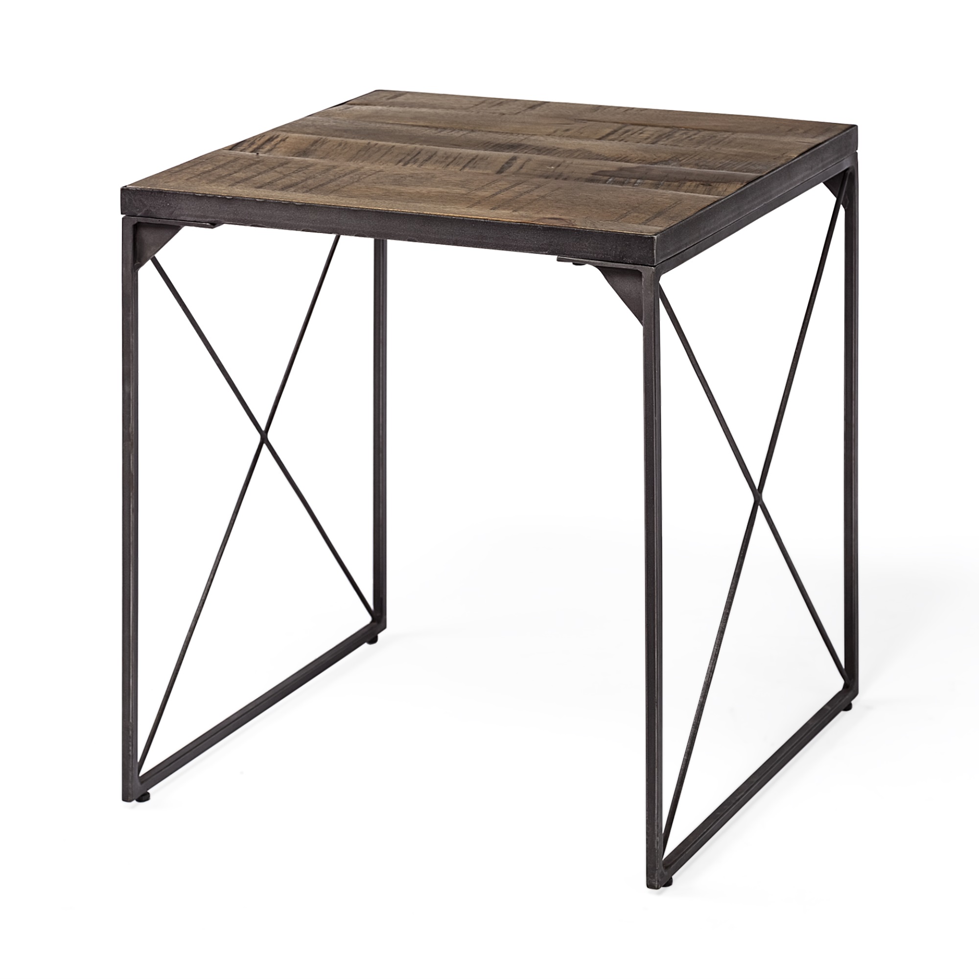 Medium Brown Wood Side Table with Square Top and Iron Cross Braced ...