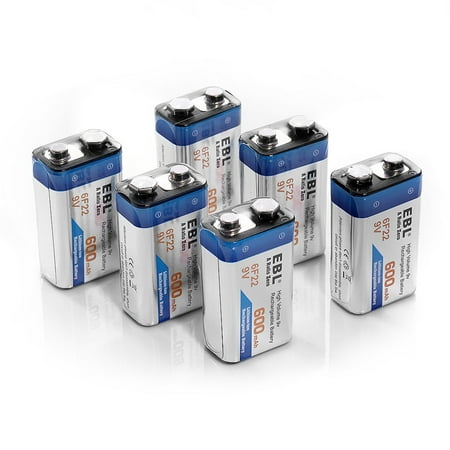 EBL 6-Pack 600mAh 9V Li-ion Rechargeable Batteries 9 Volt Lithium-ion ...