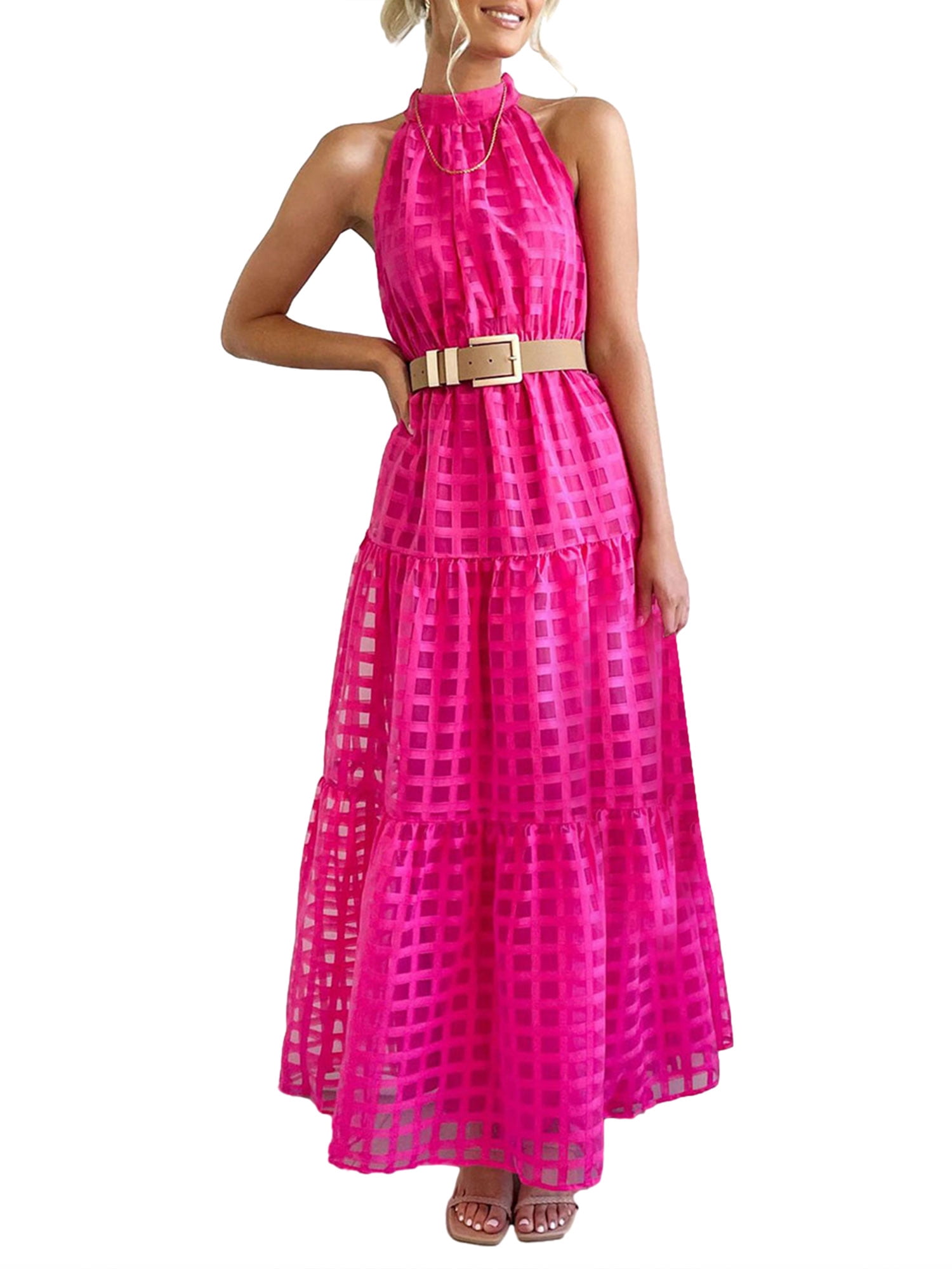SUNSIOM Women Long Dress, Elegant Sleeveless Turtleneck Plaid Summer ...