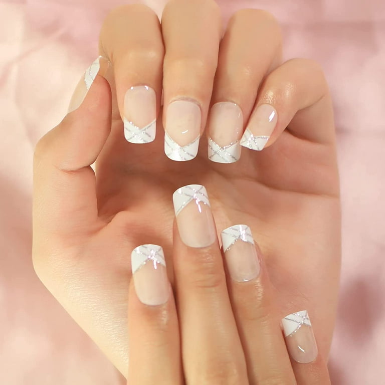 White And Silver Glitter Acrylic Nails