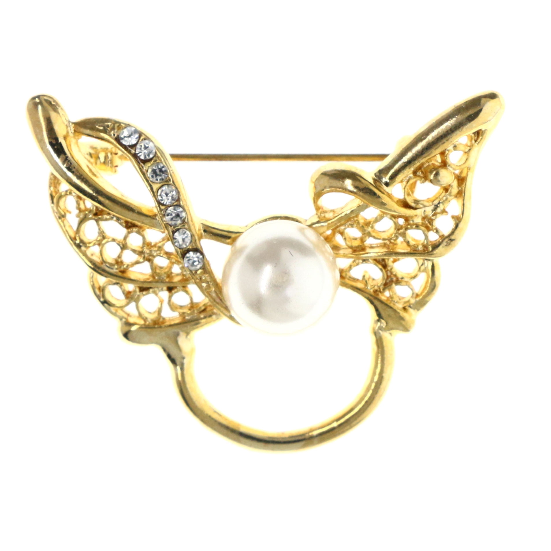 Gold-Tone & White Colored Metal Brooch-Pin With Crystal Accents # ...