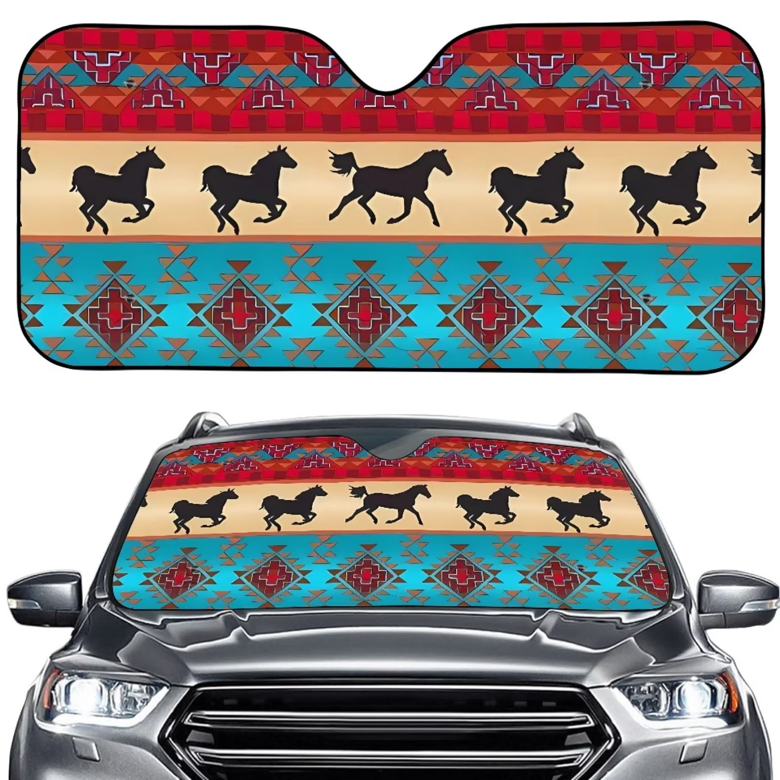 NETILGEN Ethnic Aztec Horse Tribe Pattern Car Sun Shade for Windshield ...
