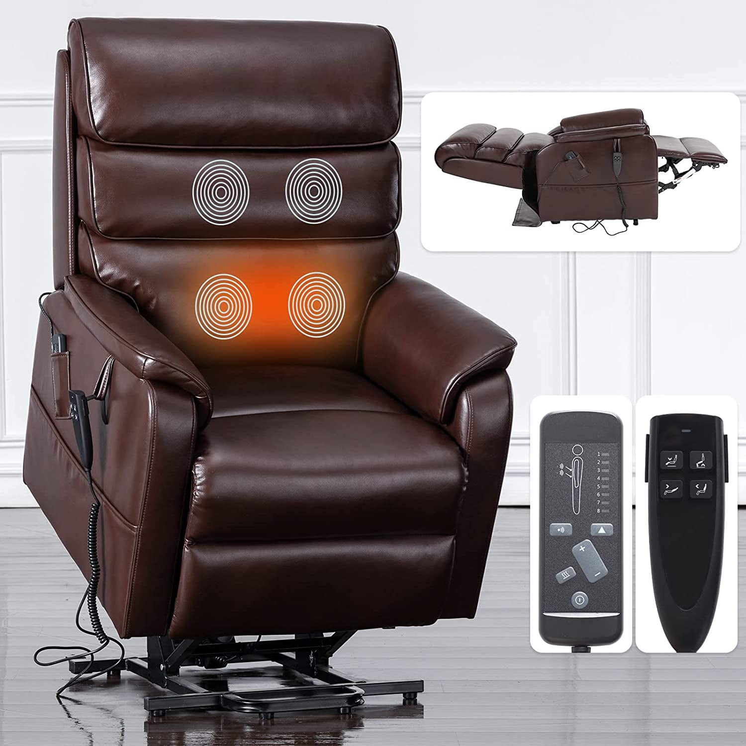 Dual Motor Lift Recliner with Massage Heating (Brown Faux Leather-9188 ...