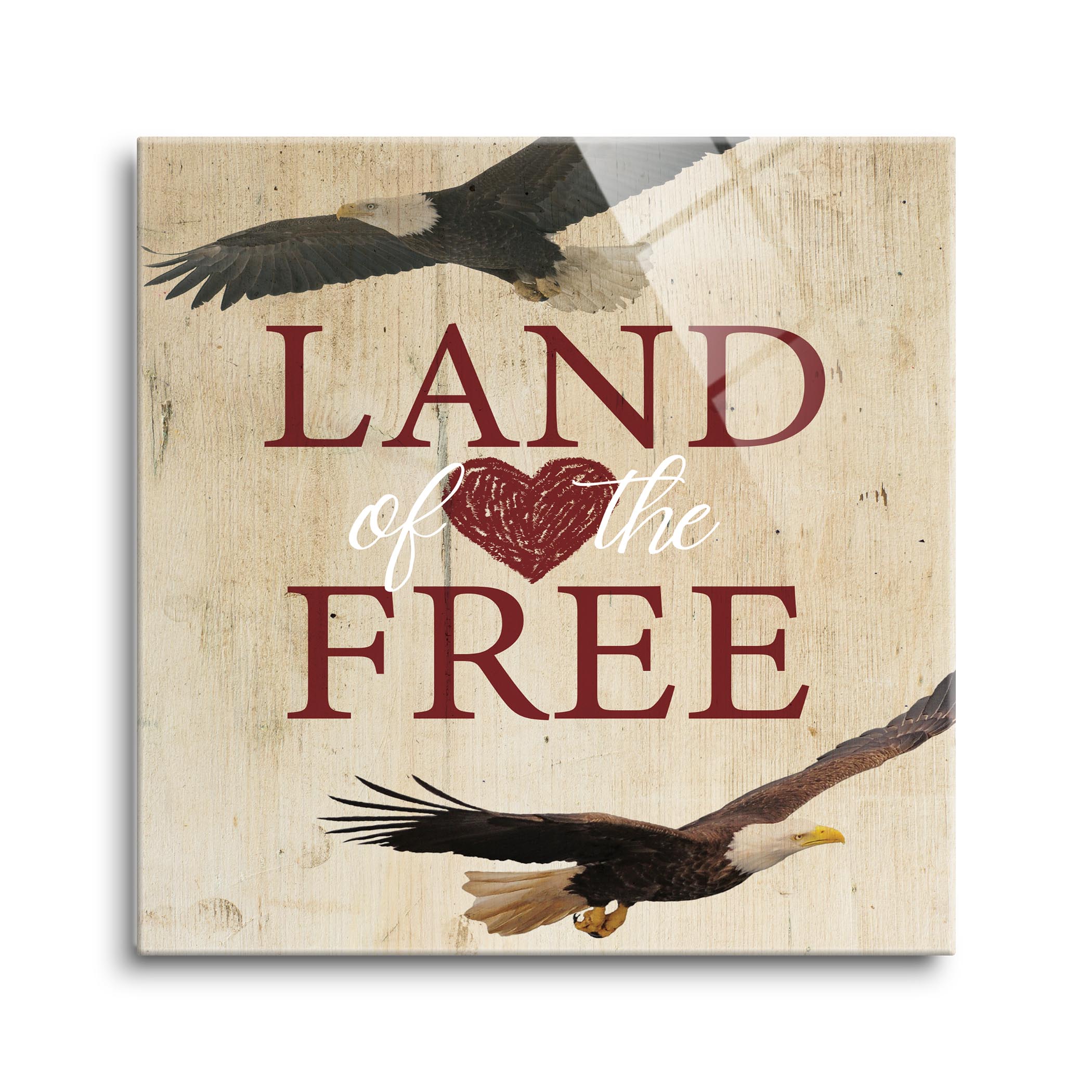Land Of The Free Tan Woodgrain Eagles 24 x 24 Glass Wall Hanging Sign ...