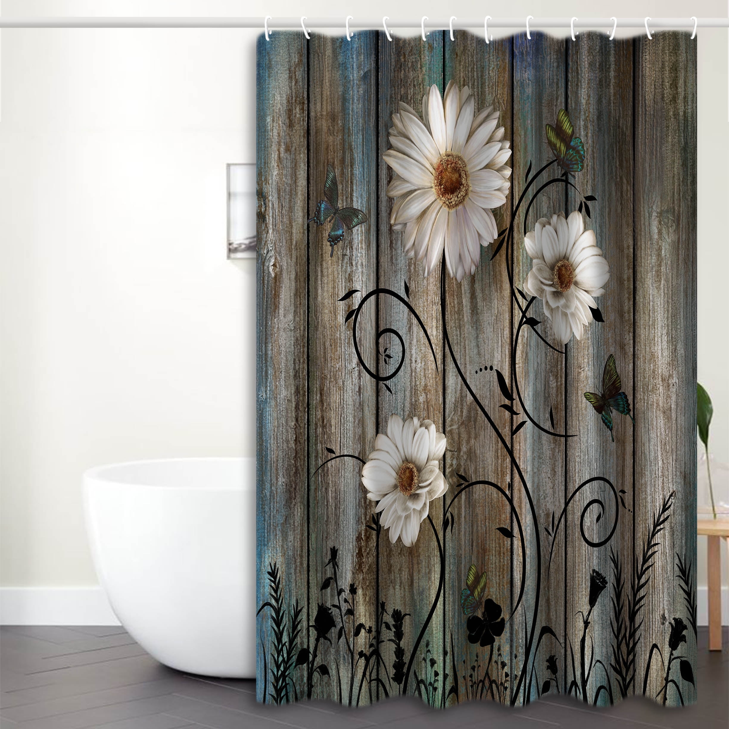 Rustic Shower Curtain Set Grey Floral Fabric Daisy Bath Curtain ...