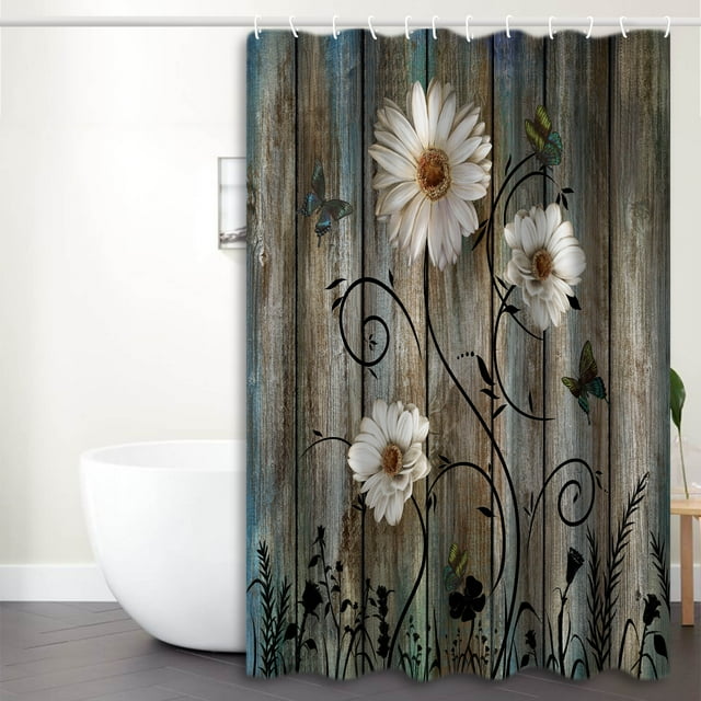 Rustic Shower Curtain Set Grey Floral Fabric Daisy Bath Curtain ...