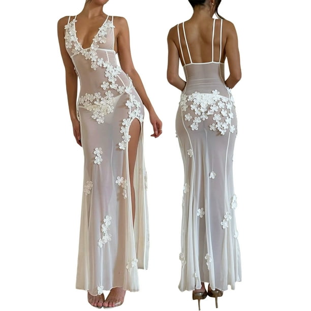 WIFORNT Women Sheer Mesh Sleeveless Dress Summer V Neck Flower Slit ...