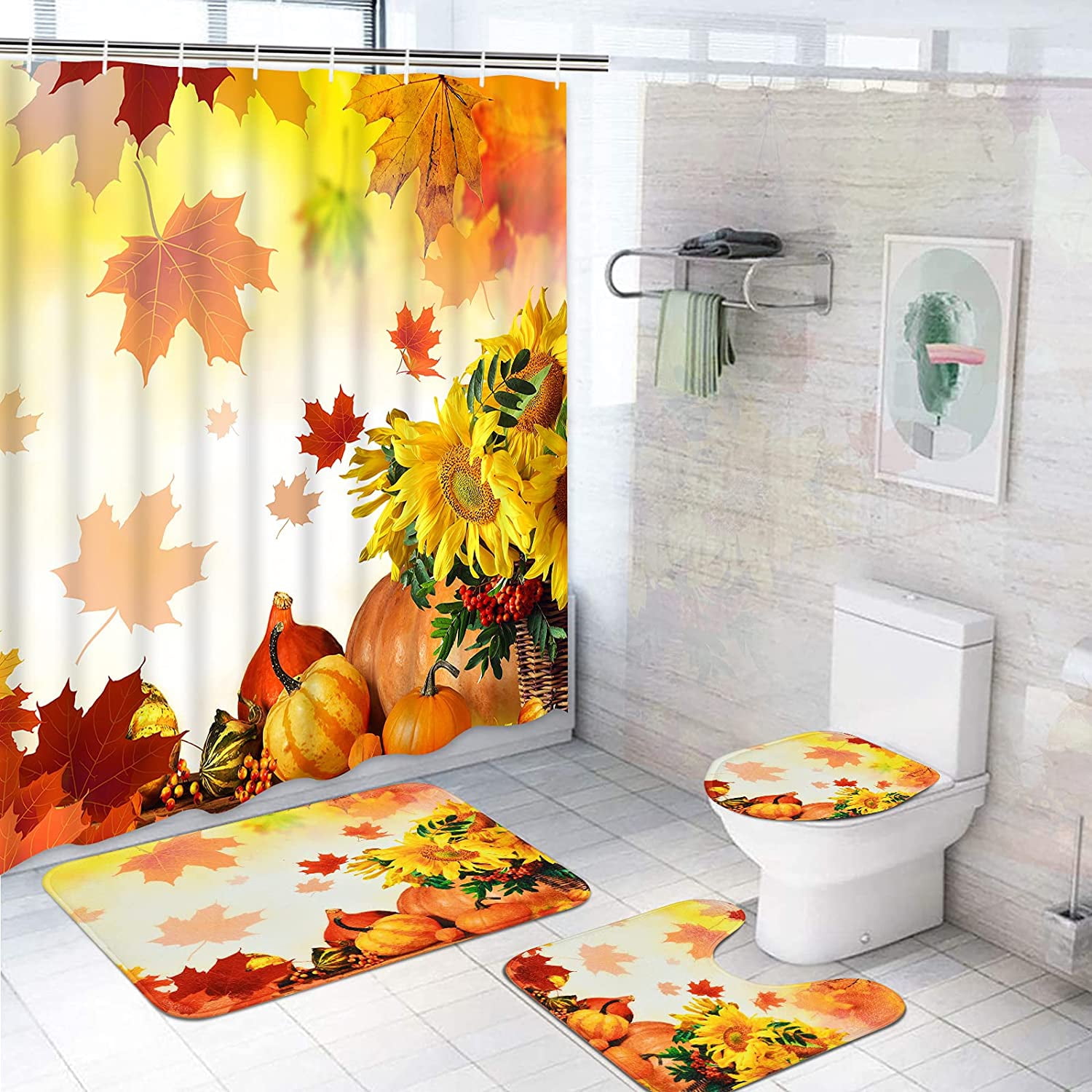 Framics Fall Maple Leaves Shower Curtain Set With Rugs Orange