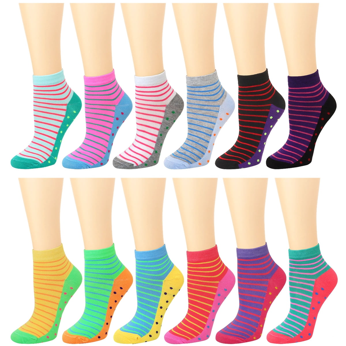 12 Pairs Women's Ankle Socks Assorted Colors Size 9-11 Dots & Striped ...