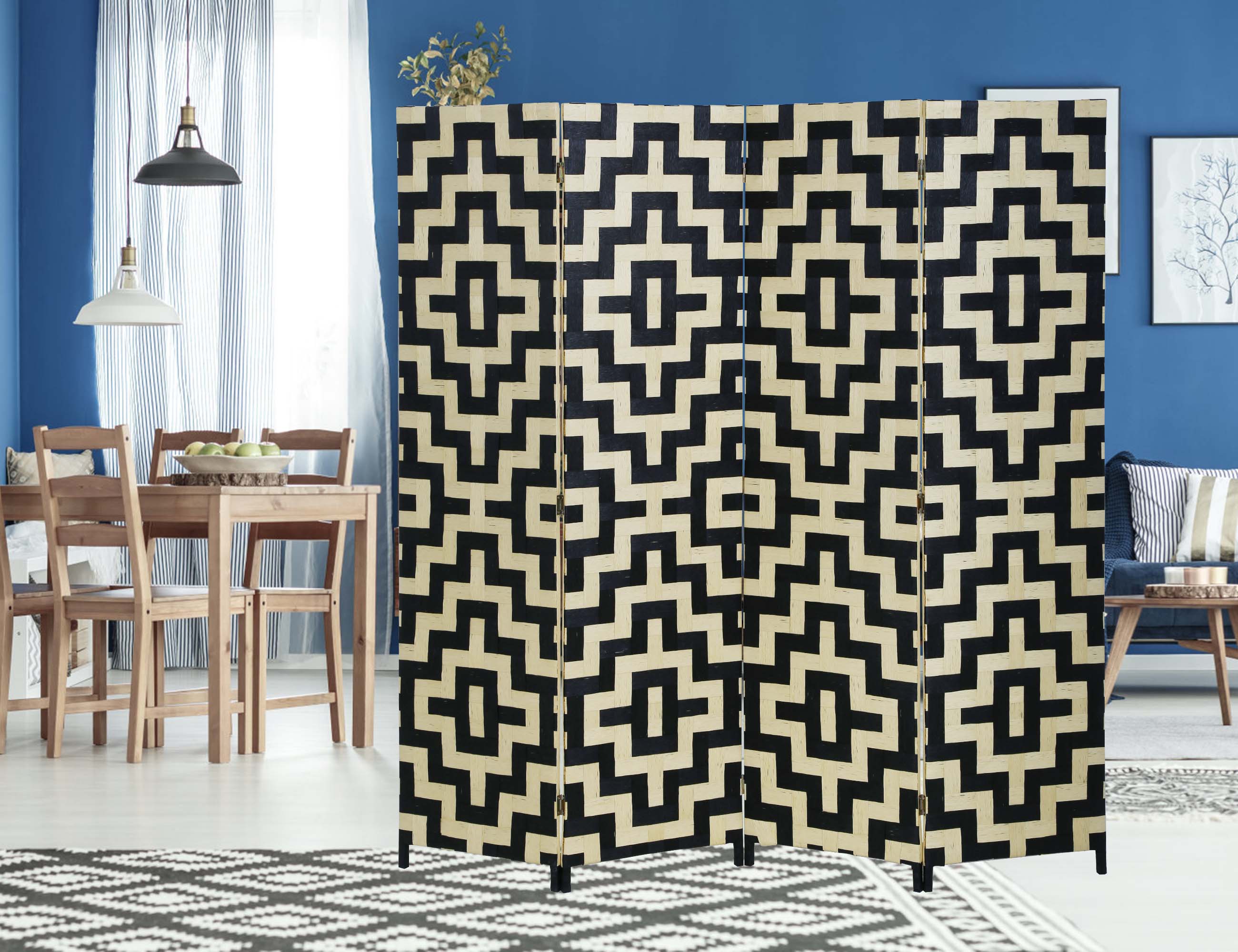 Folding Room Screen Dividers with 4 Panelst Wood Mesh Woven Design ...