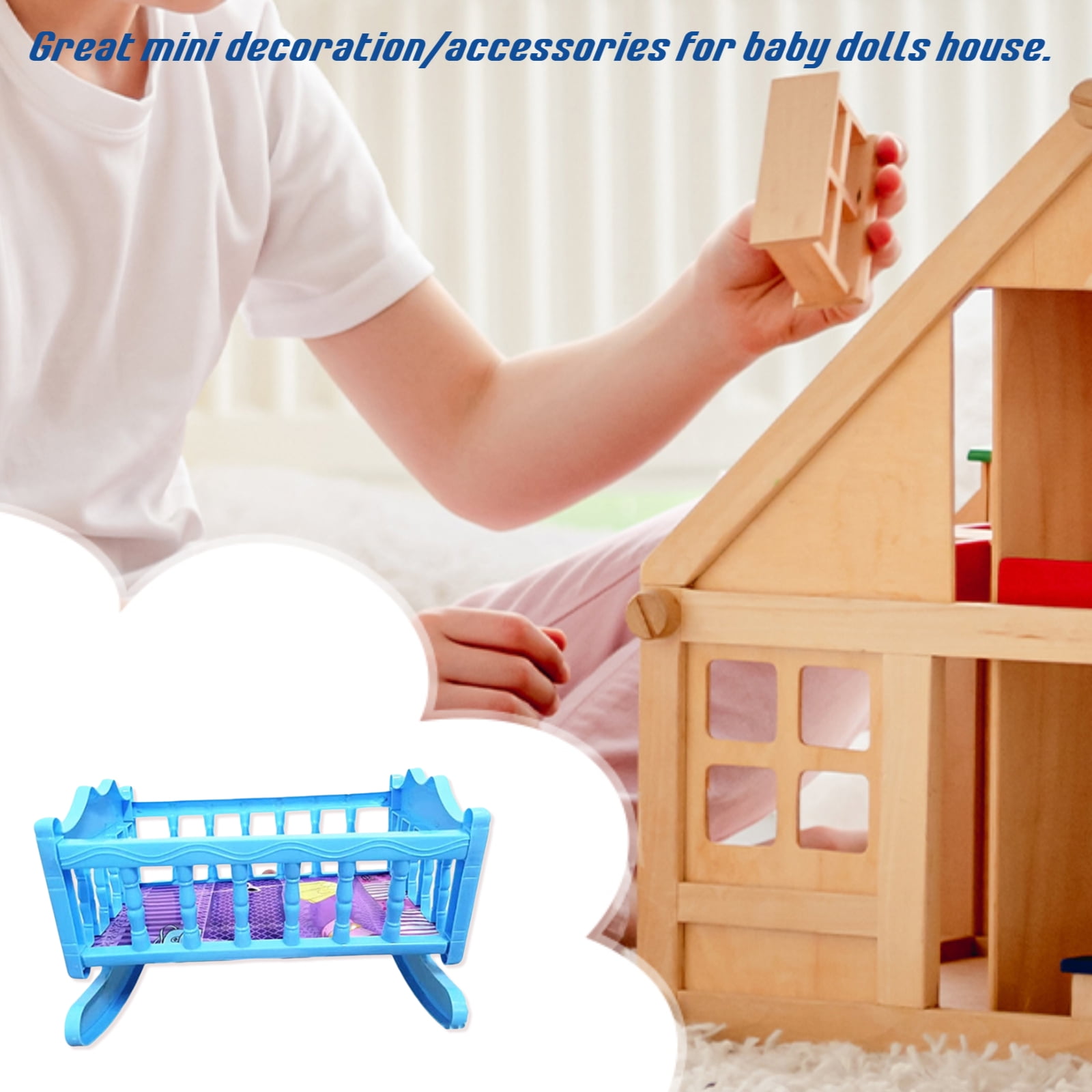 Shangren Dollhouse Accessory Rocking Bed Bedroom Baby Dolls Cradle Model