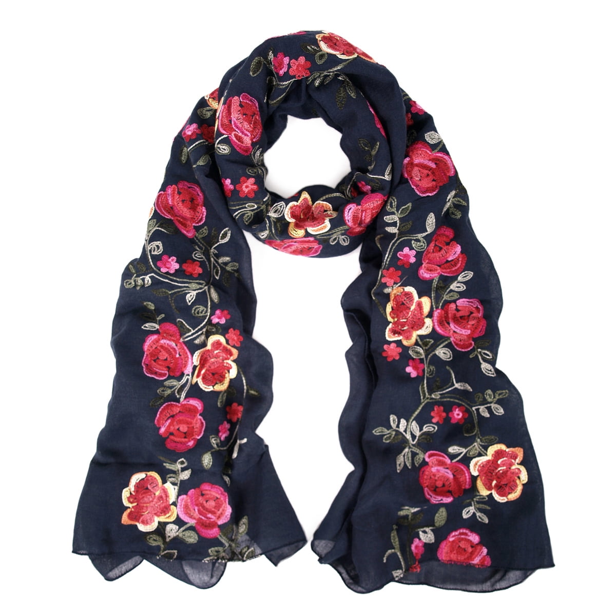 Premium Embroidered Floral Rose Patterned Border Scarf Wrap Shawl ...