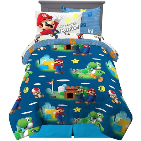 Super Mario Twin Sheet Set - 5 Pcs Bed Sheet with Reversible Comforter ...