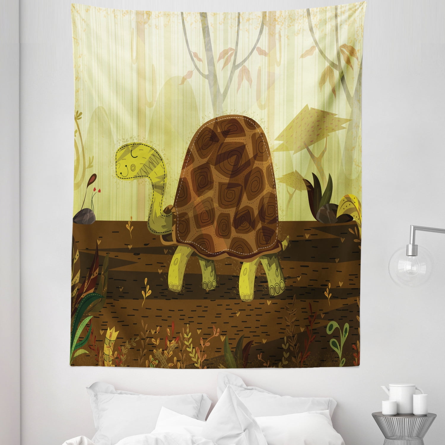 Turtle Tapestry, Cartoon Style Woodland Composition Animal Walking ...