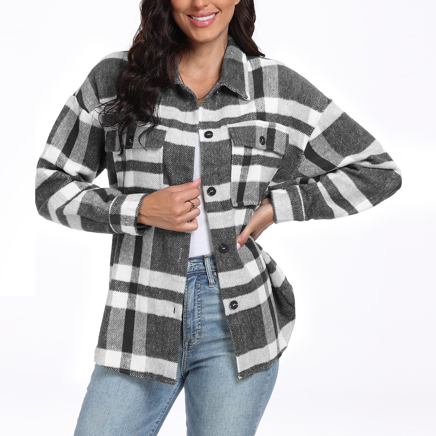MLANM Womens Plaid Shacket Shirt Jacket Button Down Long Sleeve Shirt ...