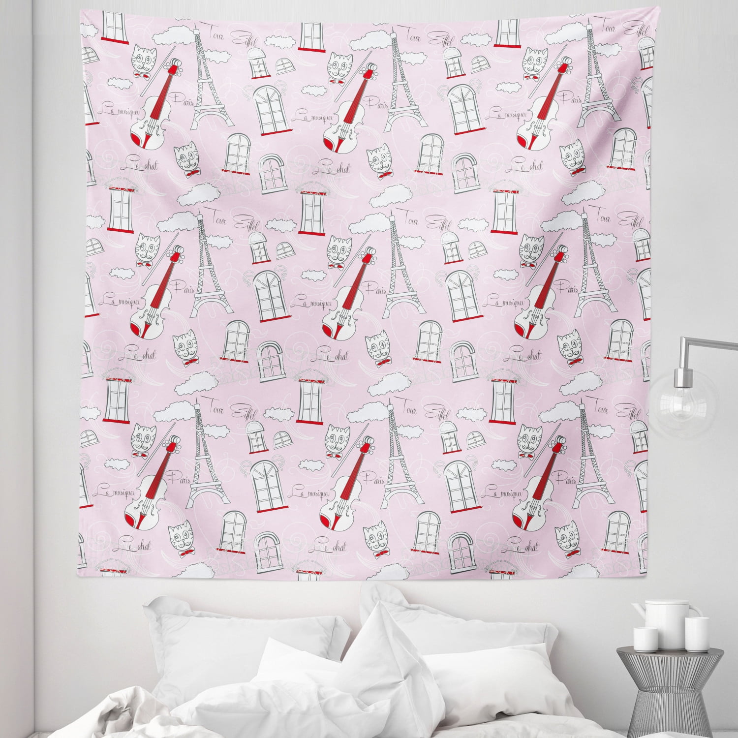 Paris Tapestry, Abstract City Image Violin Cat with Bow Tie Eiffel ...
