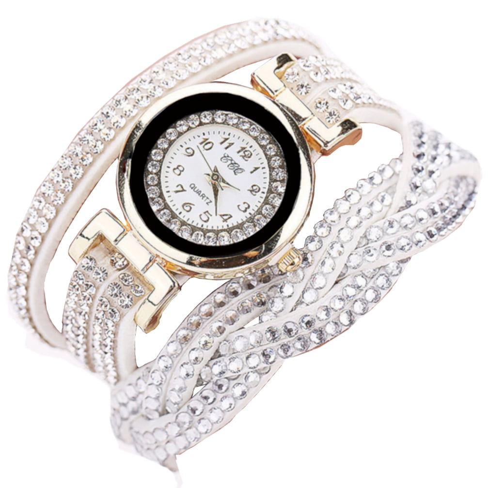 White Leather Crystal Stones Wrap around The Wrist Watch-86-A - Walmart.com