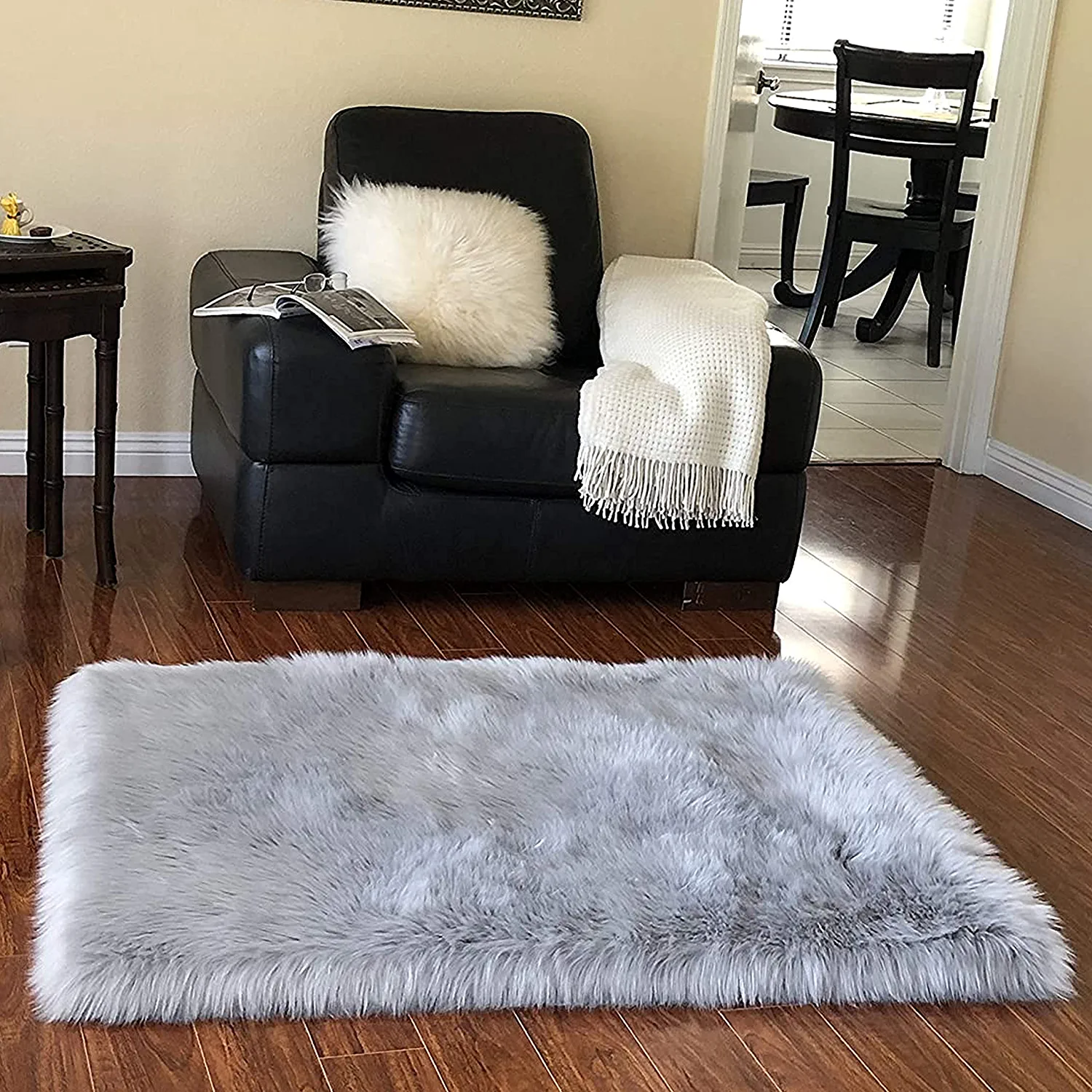 Super Soft Faux Sheepskin Silky Shag Rug Rectangular, Grey 4'x6 ...