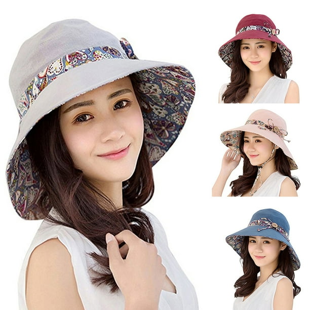 Yesbay Women Summer Bowknot Wide Brim Sun Hat Reversible Foldable Cap