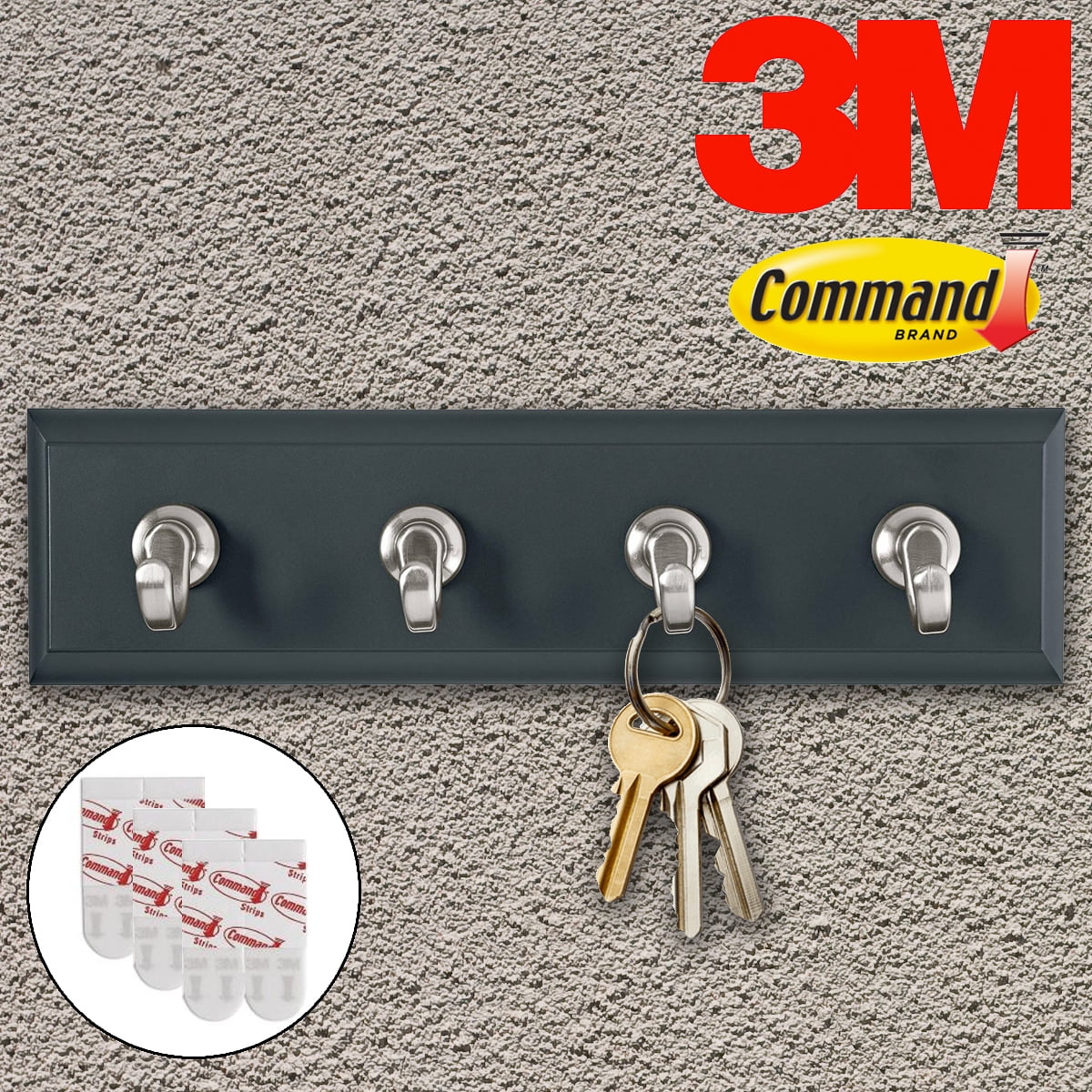 3M Command Mounted Decorative Key Chain Rail Hold 4 Hooks Organizer ...