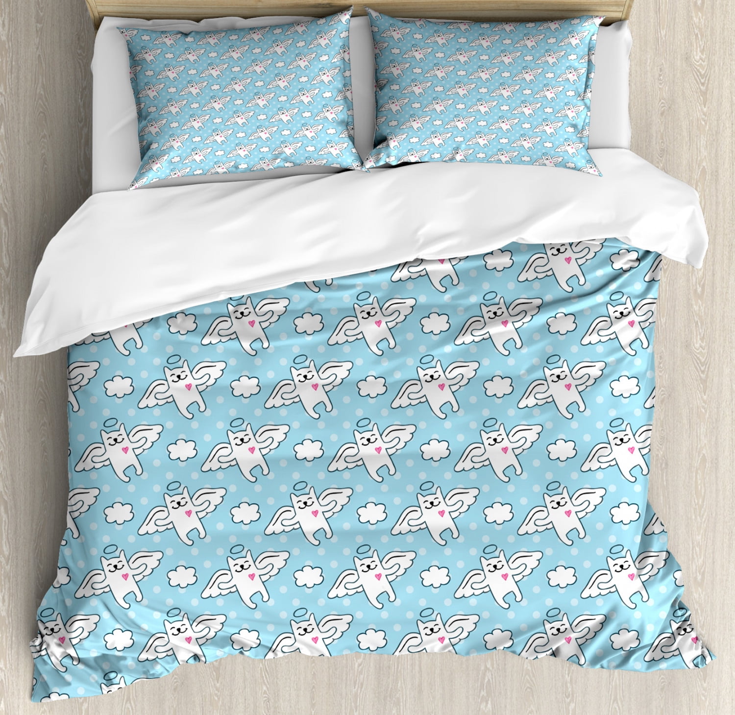 Angel Queen Size Duvet Cover Set, Cat Angels Flying High Hearts ...