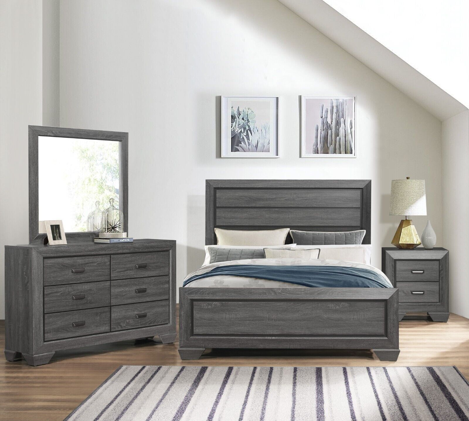 Contemporary 4pc Full Size Bedroom Set Gray Finish Bed Dresser Mirror ...