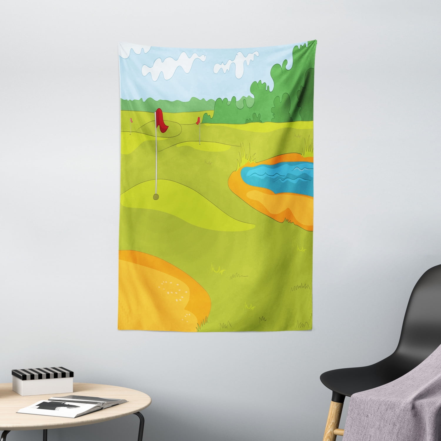 Golf Course Scene Tapestry, Sports Hobby Graphic of Grassy Land Flags ...