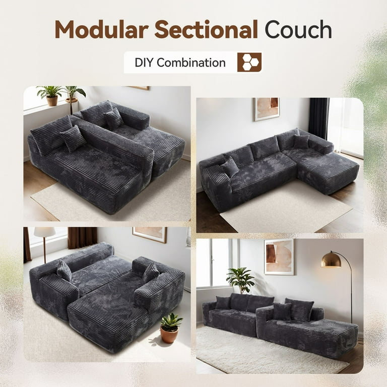 Ovios 106 Cloud Sectional Couch with L Shape Chaise Modern Comfy Modular Plush Corduroy Sofa for Living Room No Assembly Required Grey