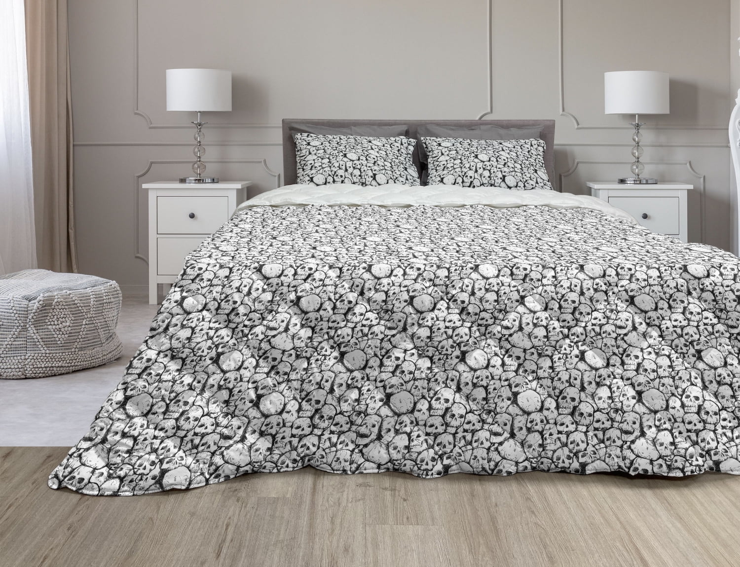 Skull Comforter & Sham Bedding Set, Conjoined Head Motifs Spooky ...