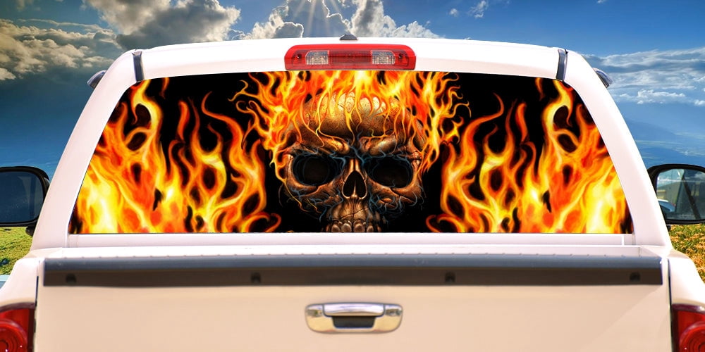 FLAMING SKULL Rear Window Graphic back truck decal suv view thru vinyl ...