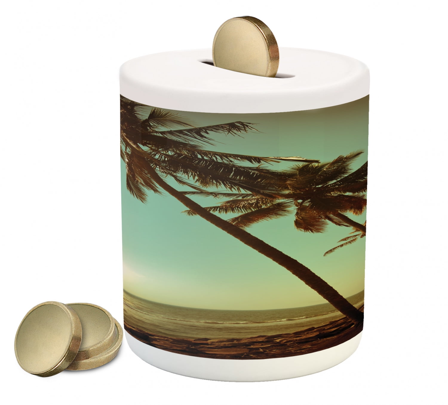 Palm Tree Piggy Bank, Sunset Tropical Beach Dusk on Pacific Ocean ...