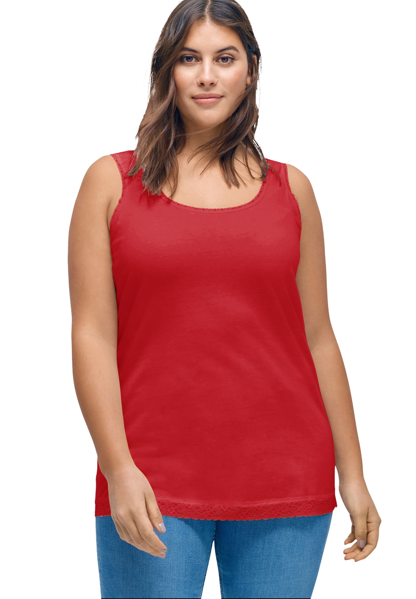 Ellos Ellos Womens Plus Size Lace Trim Tank Top L Red Apple