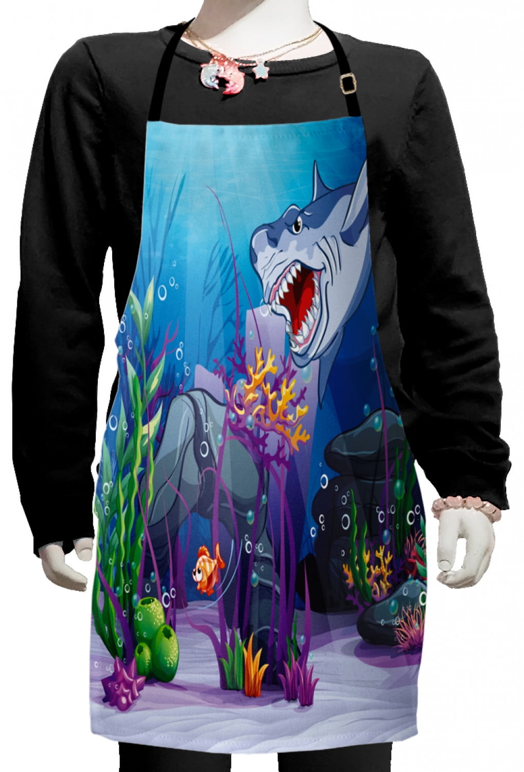 Ocean Kids Apron, Cartoon Style Underwater World Plants and Evil Shark ...