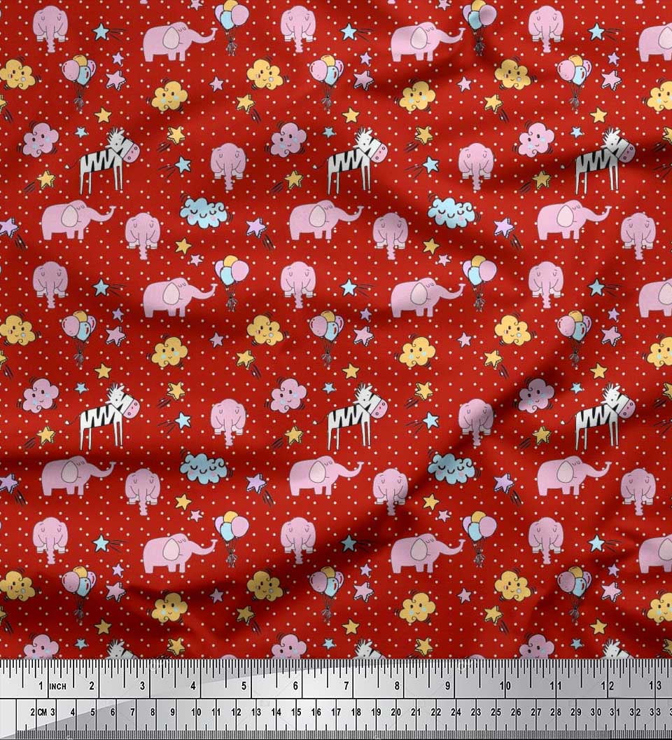Soimoi Crepe Silk Fabric Cloud,Star & Cute Elephant Kids Print Sewing ...