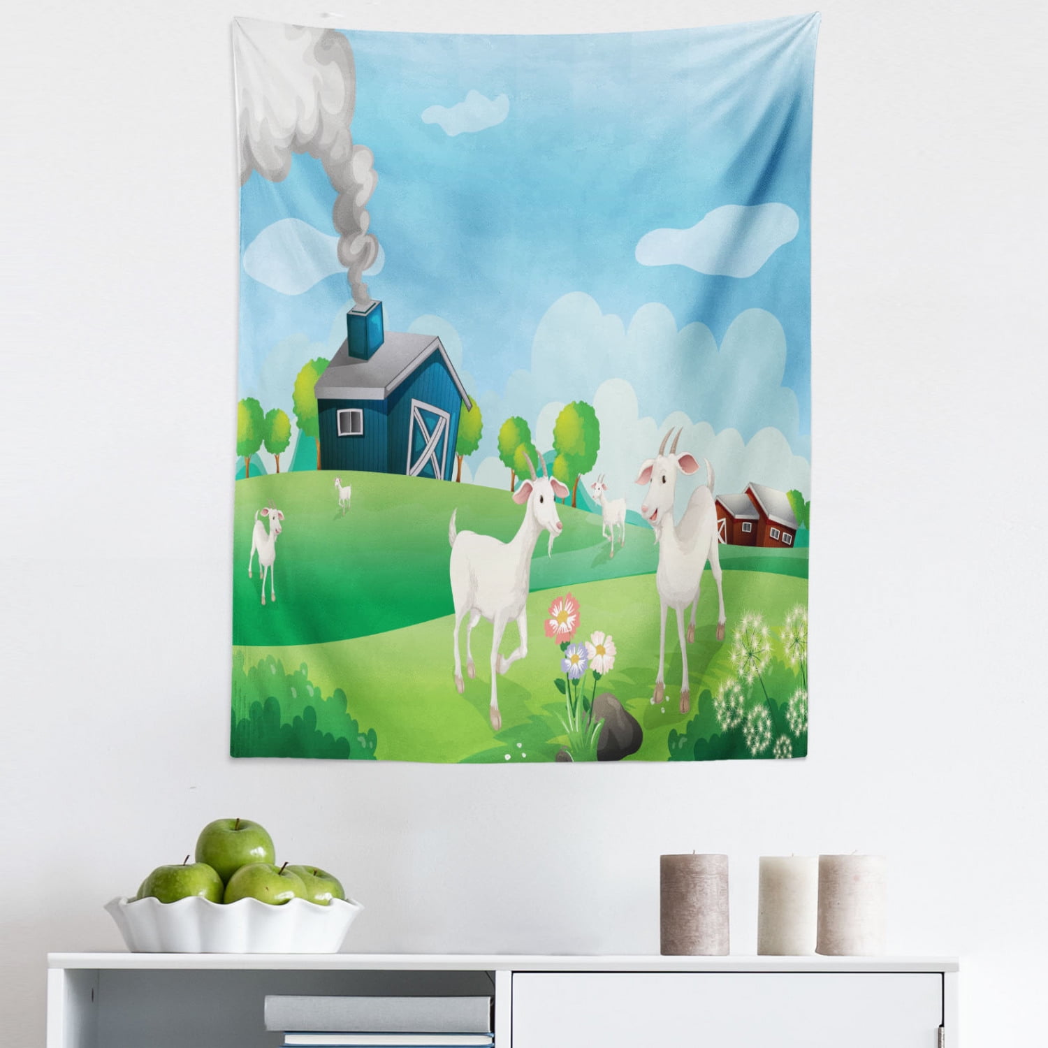 Farmhouse Tapestry, Pleasant Farm Life Illustration with Colorful ...