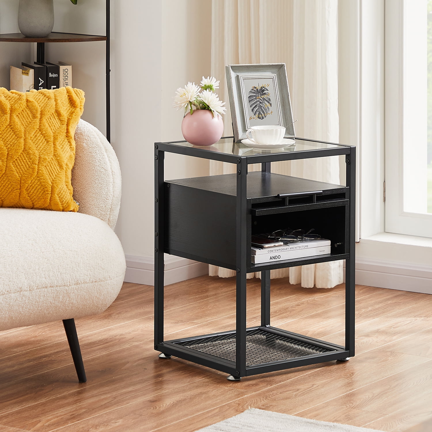 VECELO Tempered Glass Top Nightstand with Flip Drawer and Shelf, End ...