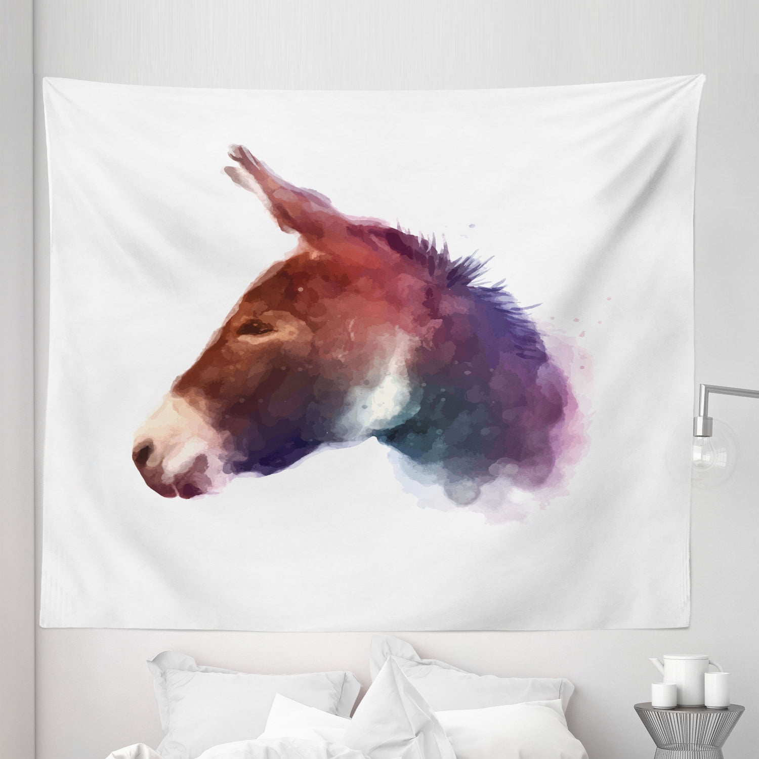 Donkey Tapestry, Watercolor Style Donkey Portrait Design with Smudged ...