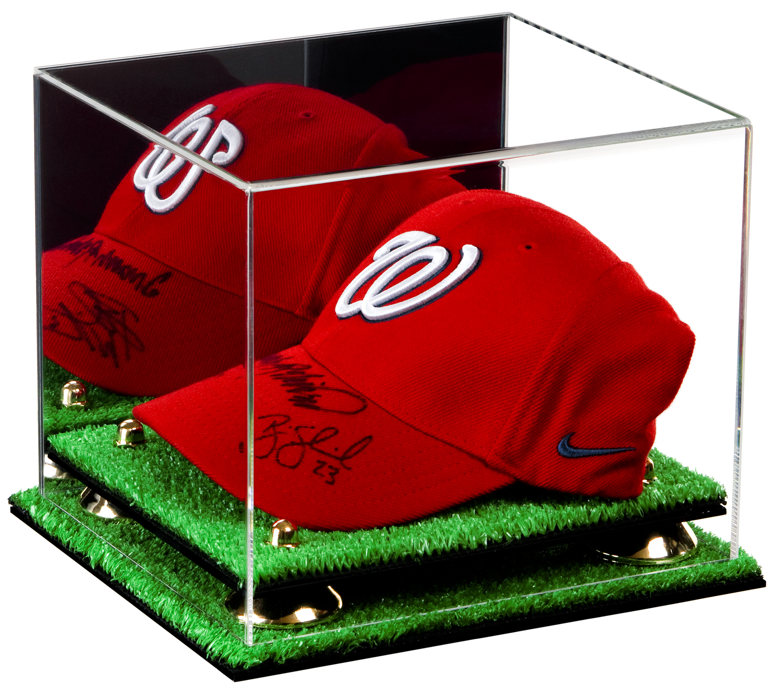 Deluxe Acrylic Baseball Cap Display Case Gold Risers Mirror Turf Base Deluxe Acrylic Baseball Cap Display Case Gold Risers Mirror Turf Base