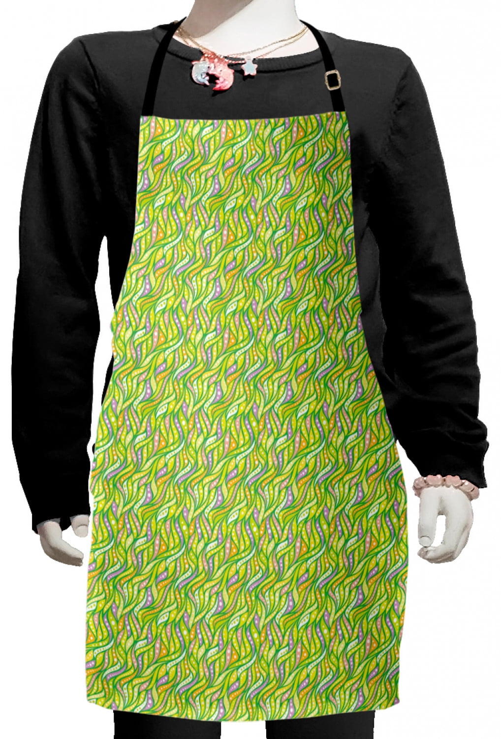 Abstract Kids Apron, Leaf Inspired Wavy Stripes with Green Borders and ...