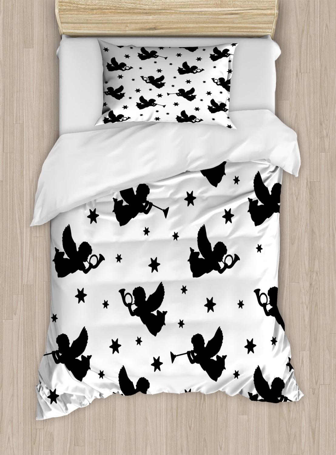 Angel Duvet Cover Set Twin Size, Cupid Icons with Trumpets Angels Sky ...