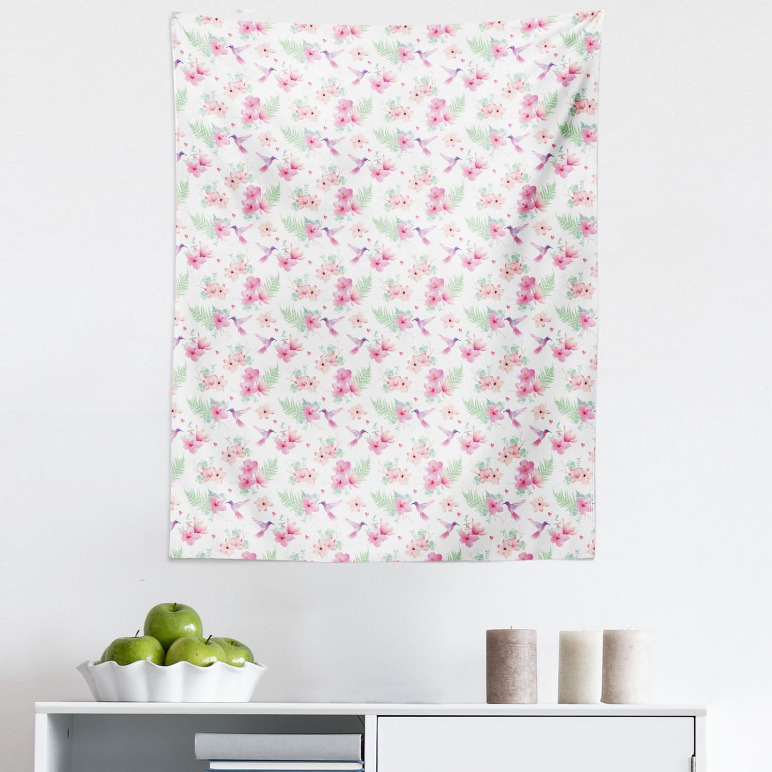 Floral Tapestry, Flappy Hummingbirds Flying over Delicate Tropical ...